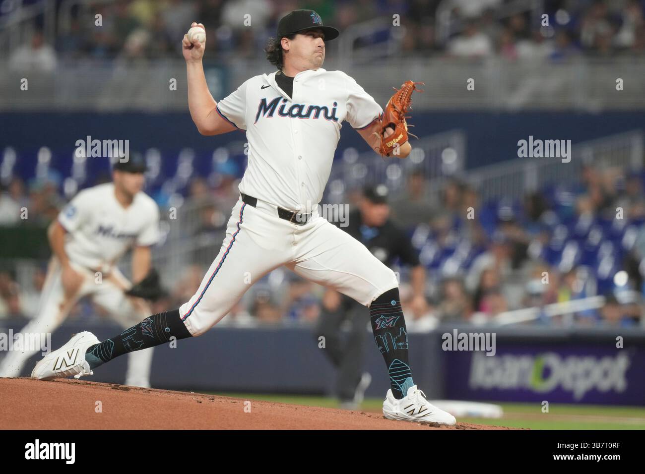 Miami Marlins pitcher Cal Quantrill aims a pitch during the first ...
