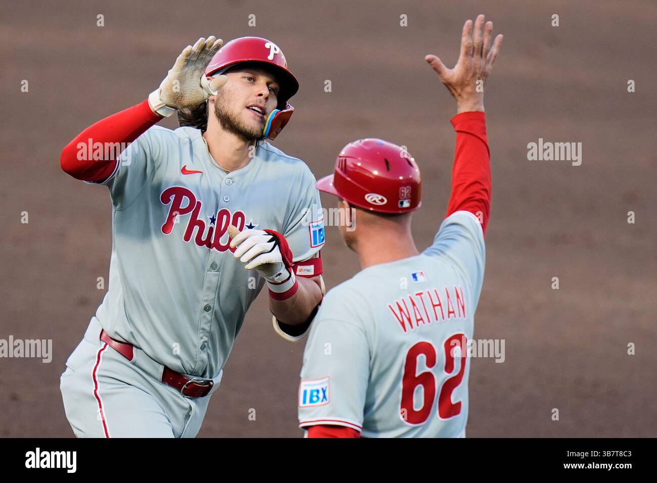 Philadelphia Phillies' Alec Bohm celebrates his two-run shome run off ...