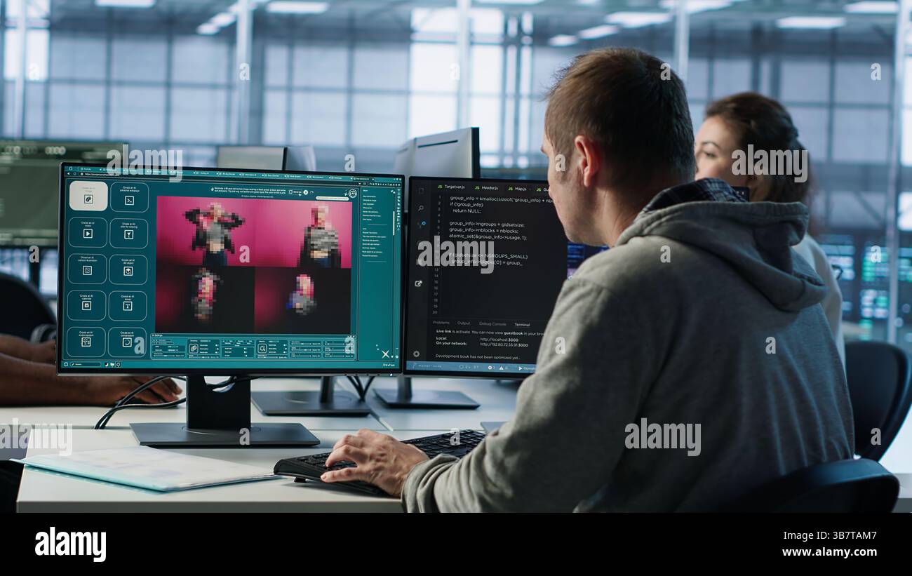 Engineer in server hub making AI software turning text prompt into photos. Technician in data ...