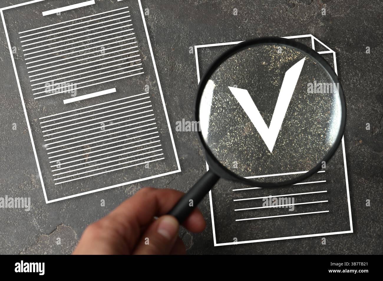 Woman looking through magnifying glass on virtual approved document ...