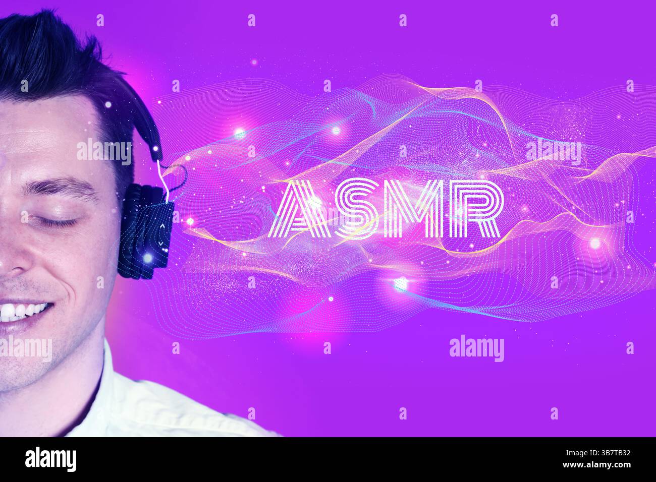 Autonomous sensory meridian response. Man with headphones enjoying ASMR media on colorful ...