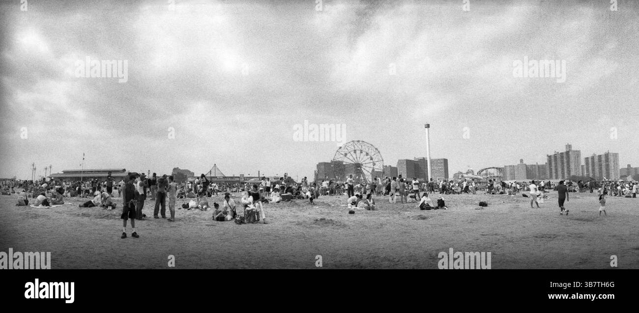 Panoramic view of tourists on the beach, Coney Island, Brooklyn, New ...