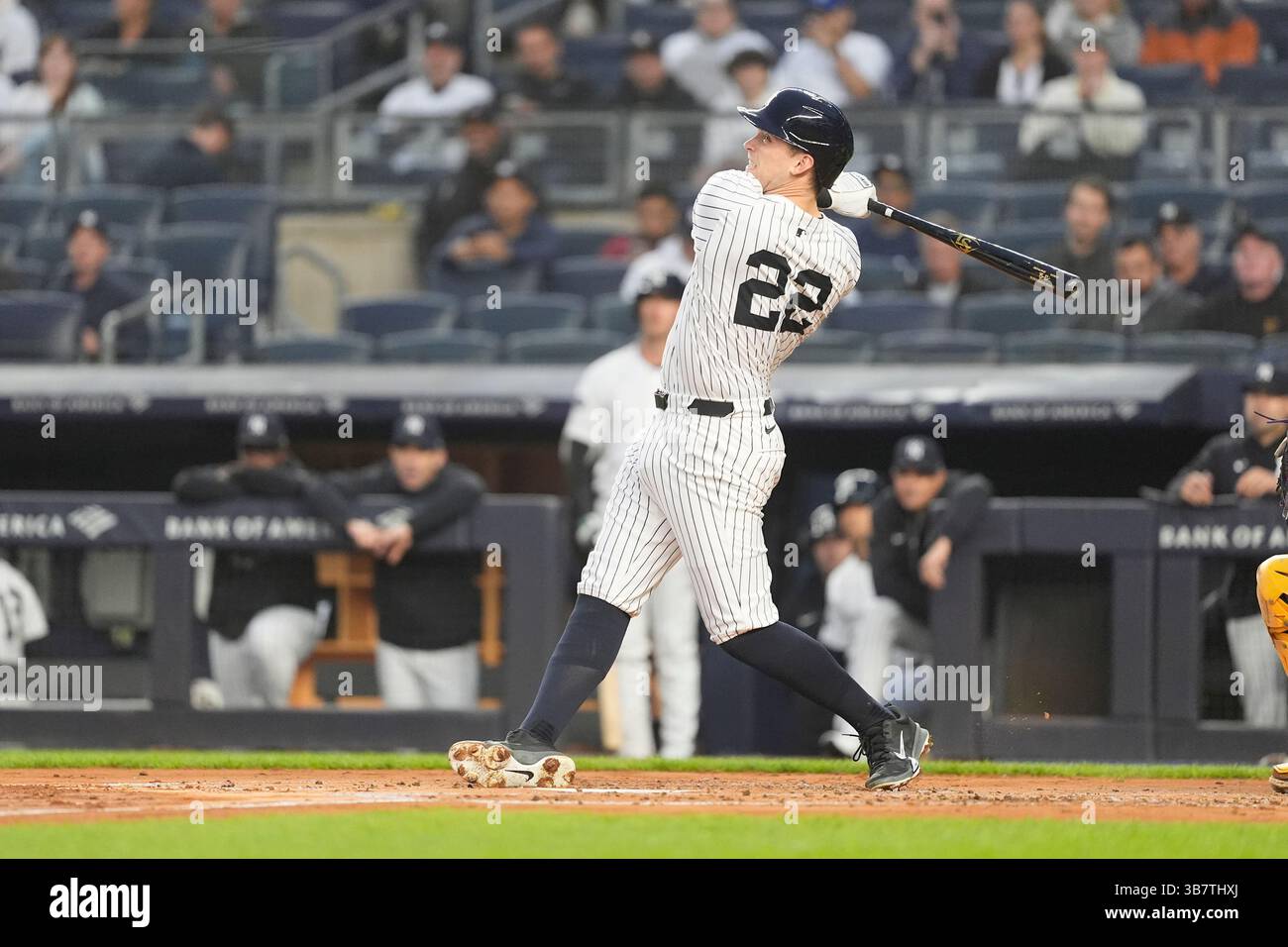 BRONX, NY - MAY 06: New York Yankees First Baseman Ben Rice (22) hits a ...
