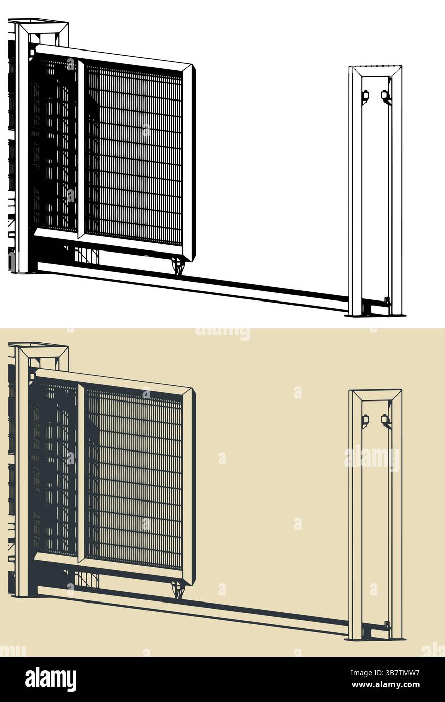 Stylized vector illustrations of industrial sliding security gates ...