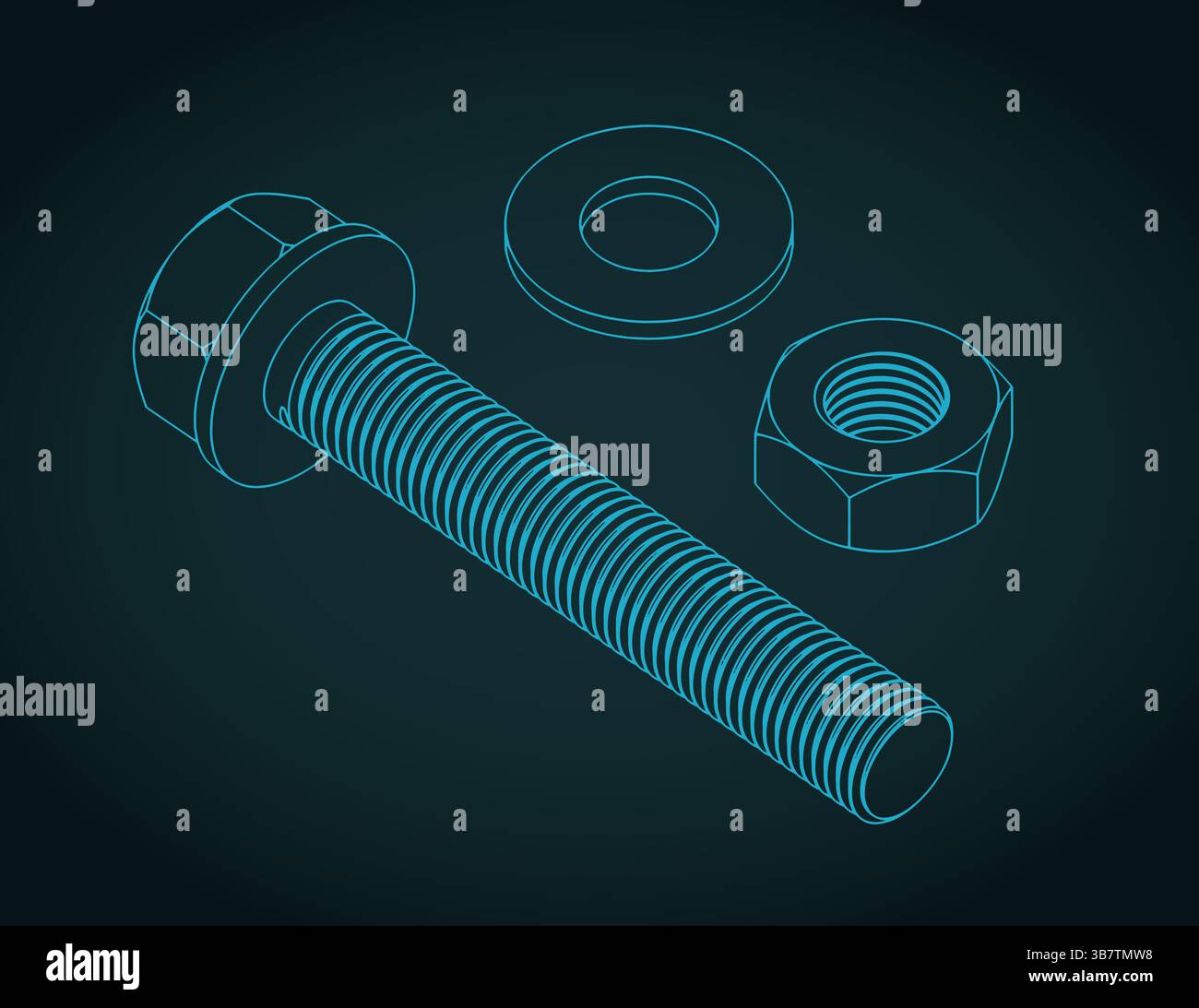 Stylized vector illustration of isometric blueprint of hexagon bolt ...