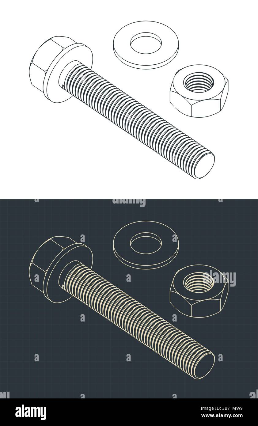 Stylized vector illustrations of isometric drawings of hex bolt, nut ...