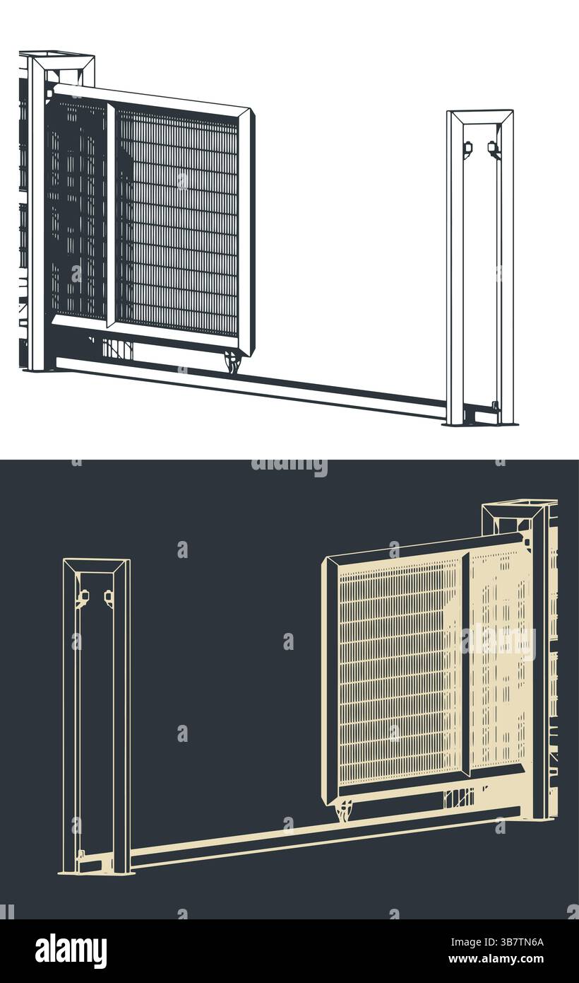 Stylized vector illustrations of industrial sliding security gates ...