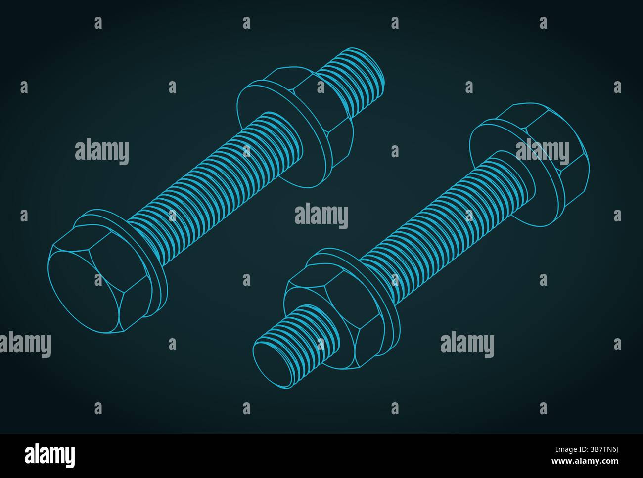 Stylized vector illustration of isometric drawings of hex bolt, nut and ...