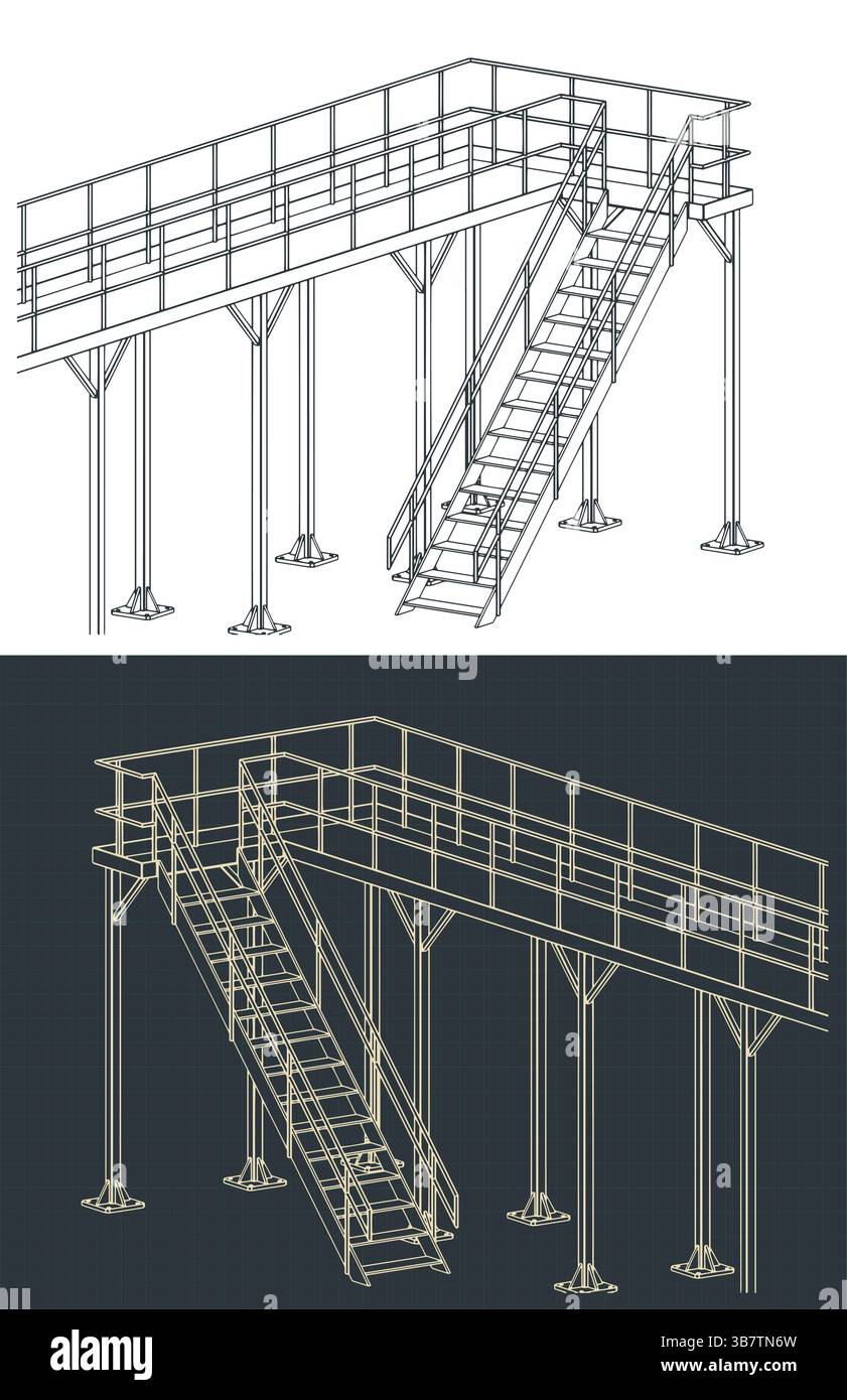 Industrial steel platform and stairs isometric blueprints stylized illustrations Stock Vector ...