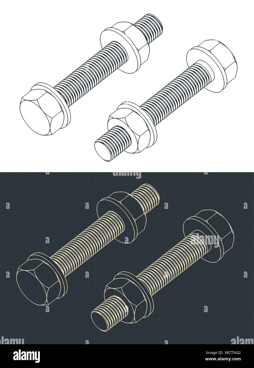 Stylized vector illustrations of isometric drawings of hex bolts, nuts ...