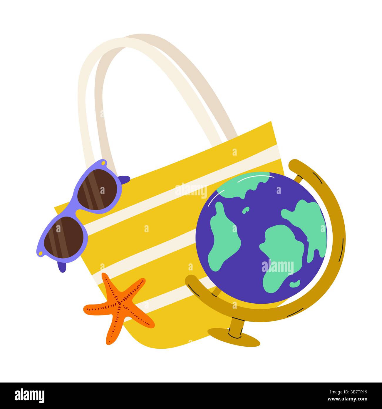 Travel essentials for a beach vacation with a globe, sunglasses, and a ...