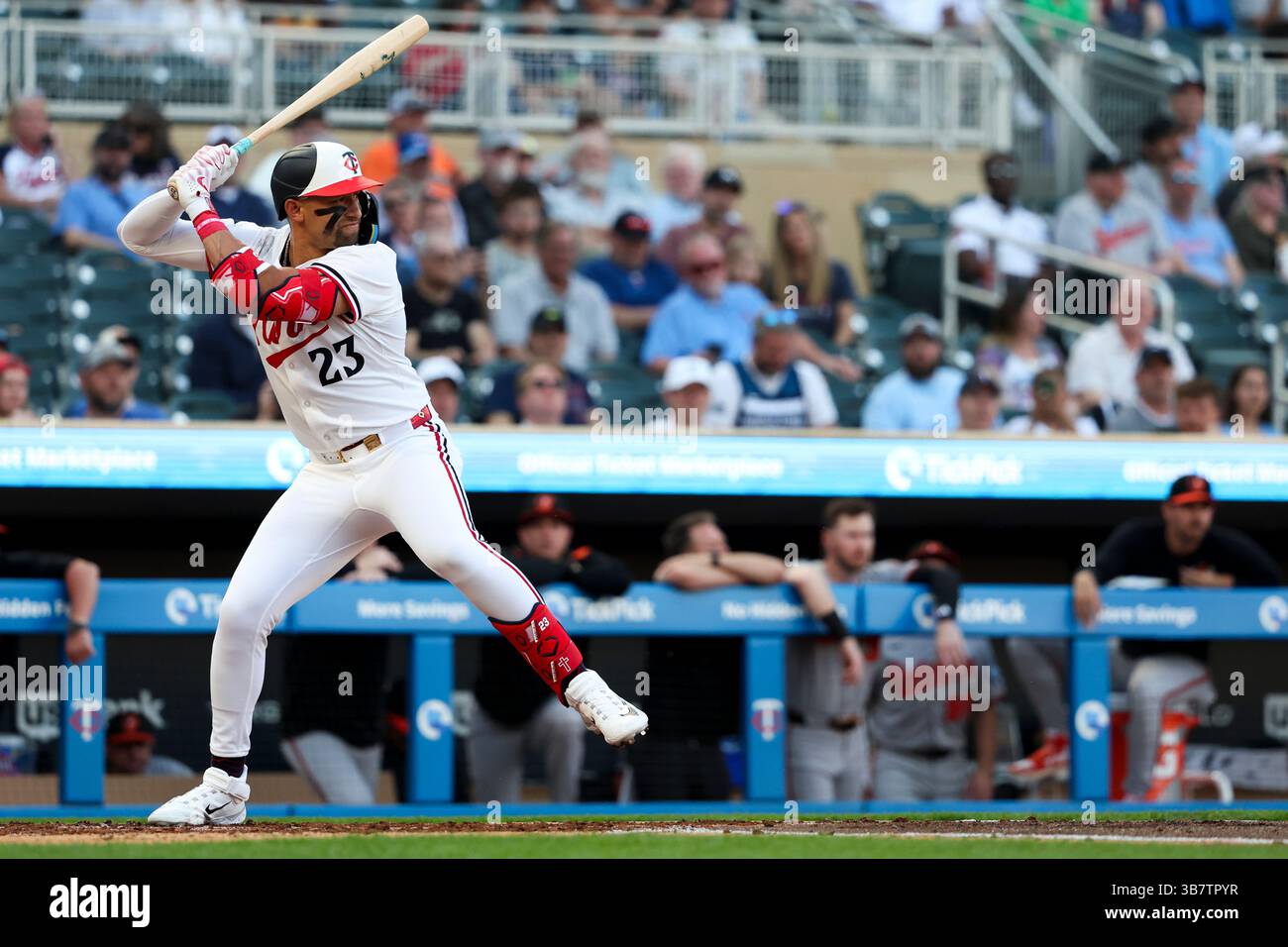 Minnesota Twins third base Royce Lewis (23) bats against the Baltimore ...