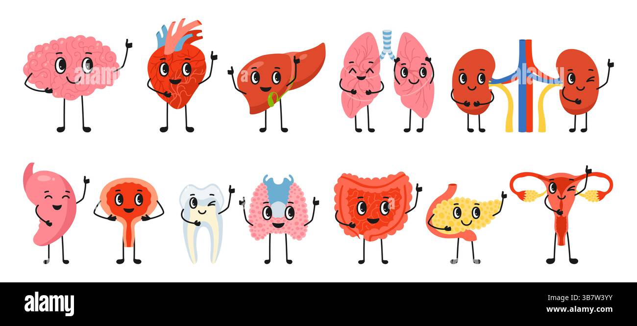 Human Organs with positive emotions set. Cartoon healthy body parts ...