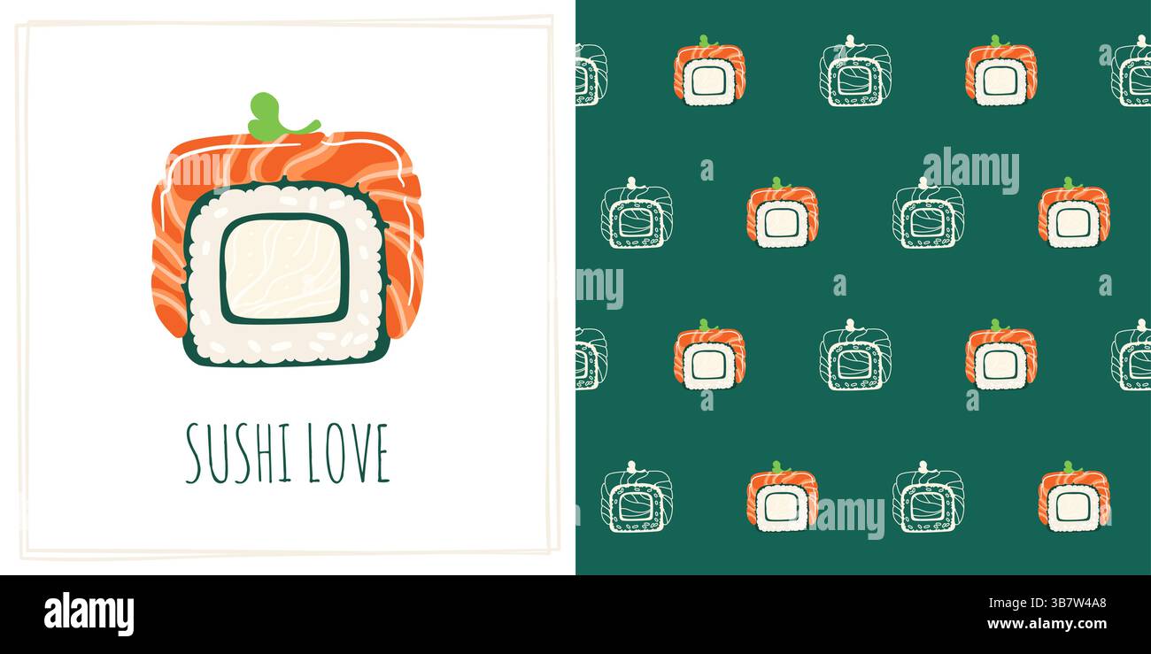 Sushi roll Philadelphia cartoon seamless pattern. Traditional Asian ...