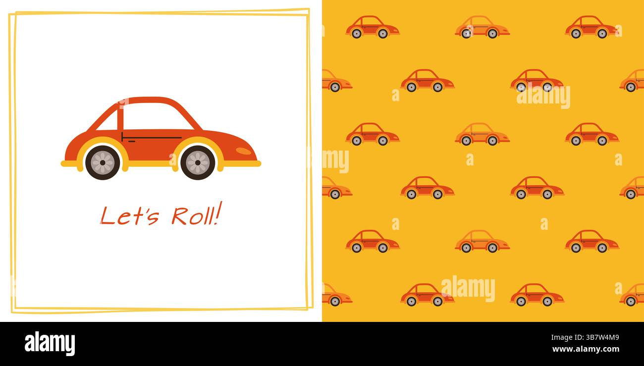 Retro Car cartoon seamless pattern. Hand drawn beetle automobile car ...