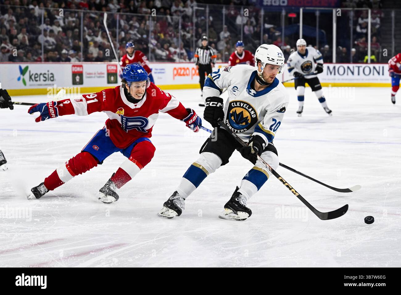 LAVAL, QC - MAY 06: Cleveland Monsters defenceman Samuel Knazko (20) defends the puck against ...