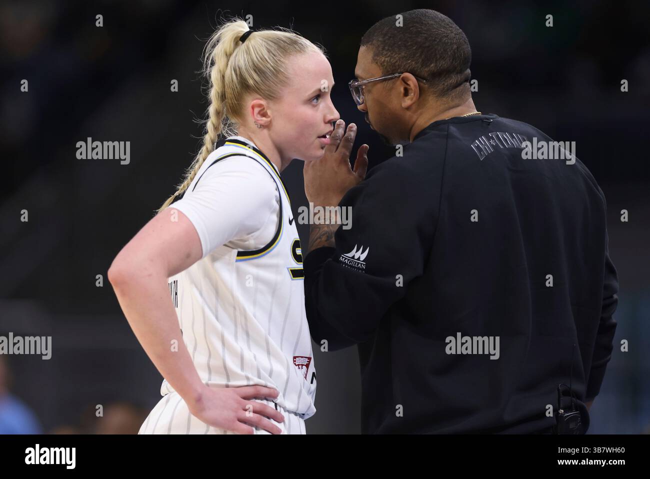 CHICAGO, IL - MAY 06: Hailey Van Lith #2 of the Chicago Sky chats with ...