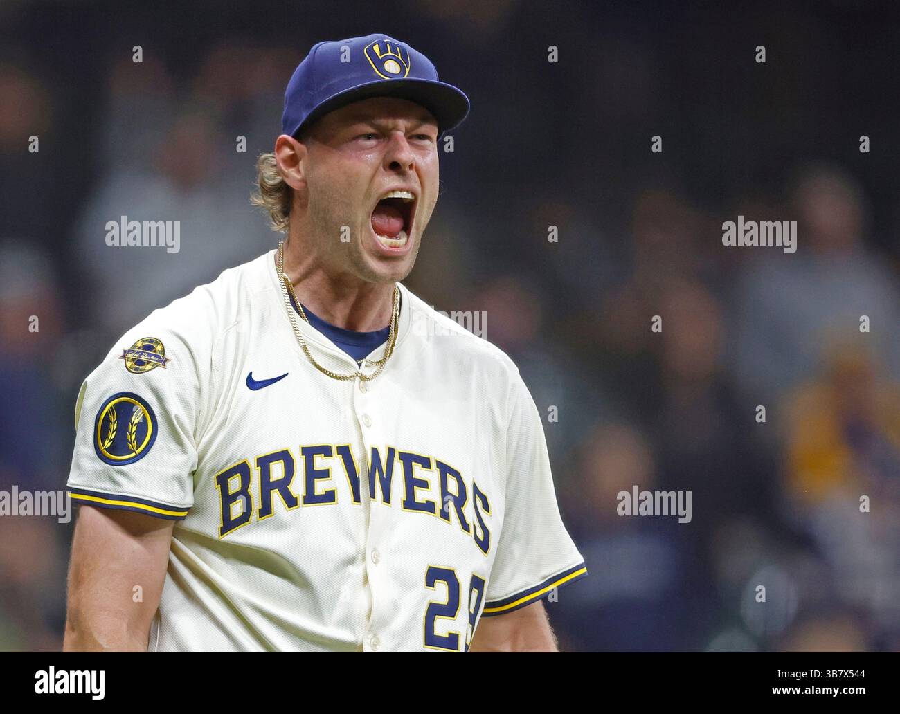 Milwaukee Brewers pitcher Trevor Megill reacts after striking out the ...