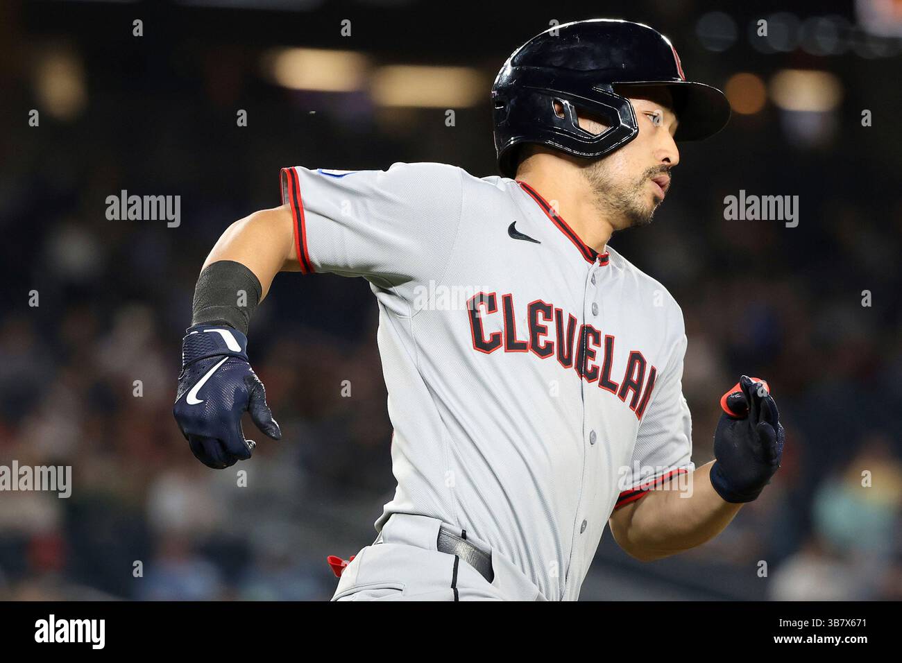 Cleveland Guardians' Steven Kwan hits a double during the seventh ...