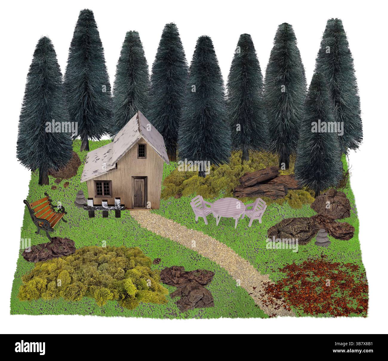 Rustic cabin amongst many Tall Green Trees along a curved forest path ...