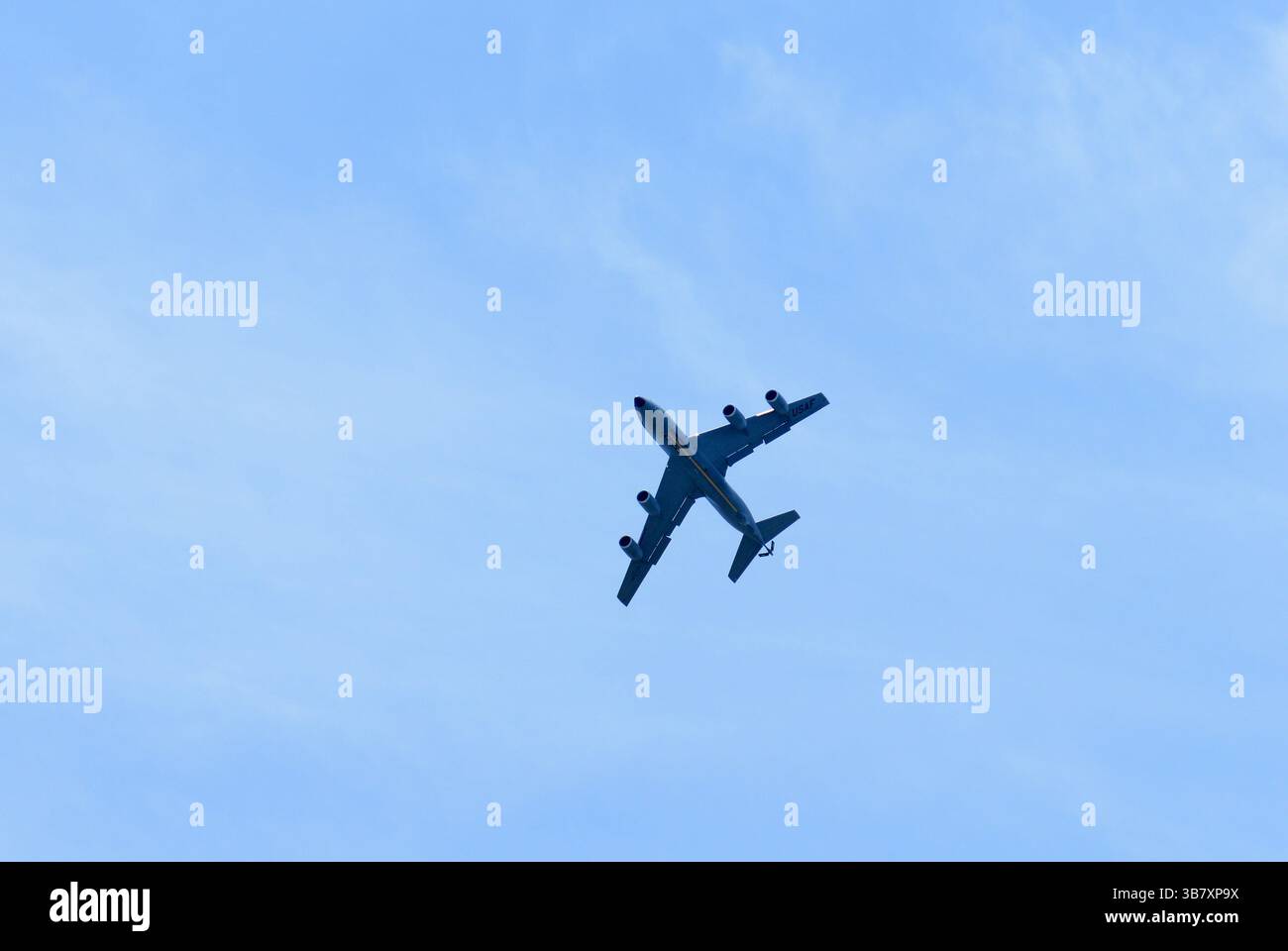 An American KC 135 Stratotanker refueling plane flying over Okinawa ...