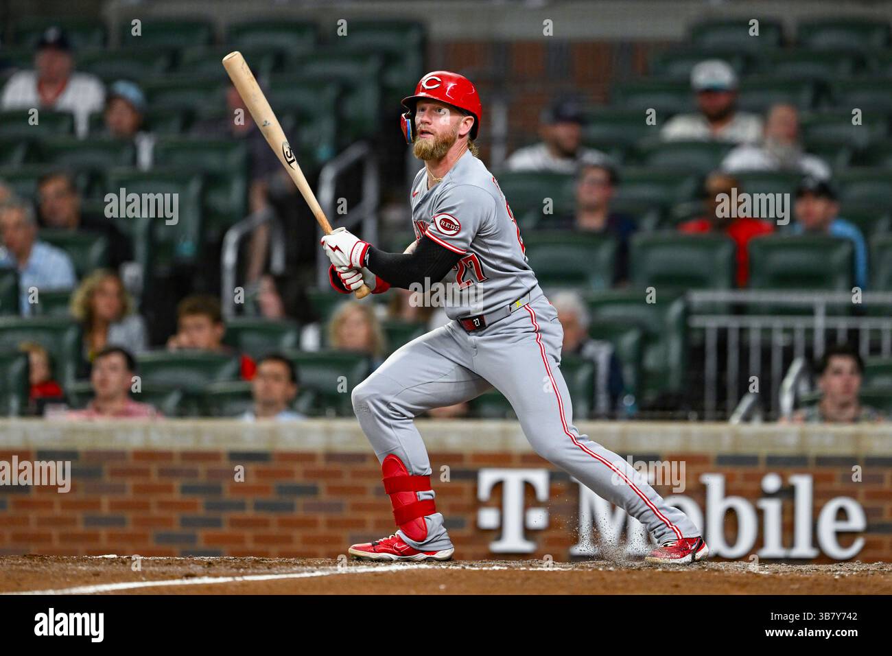 ATLANTA, GA – MAY 06: Cincinnati pinch hitter Jake Fraley (27) hits the ...