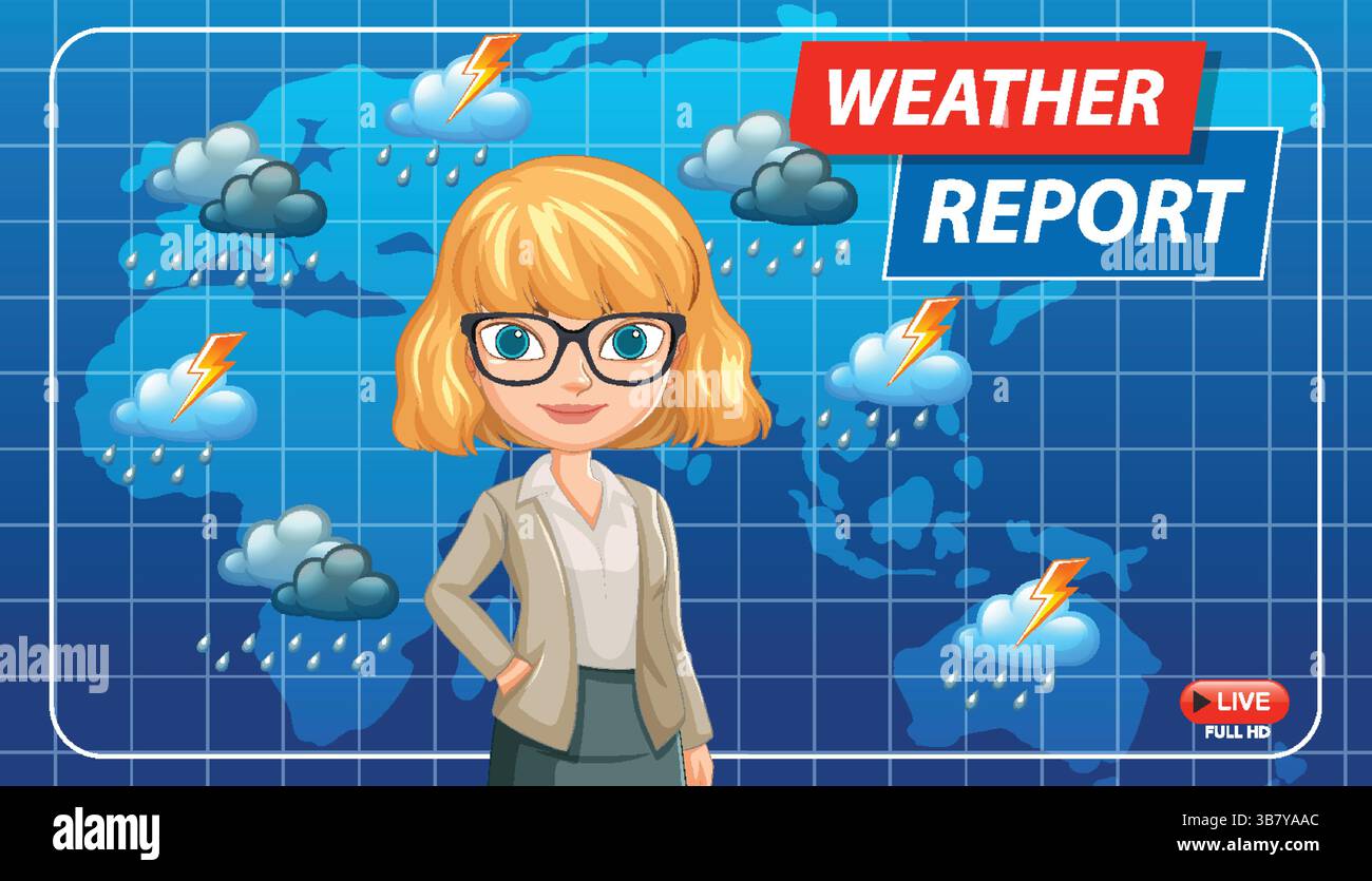 Vector illustration of a weather report with a cartoon presenter ...