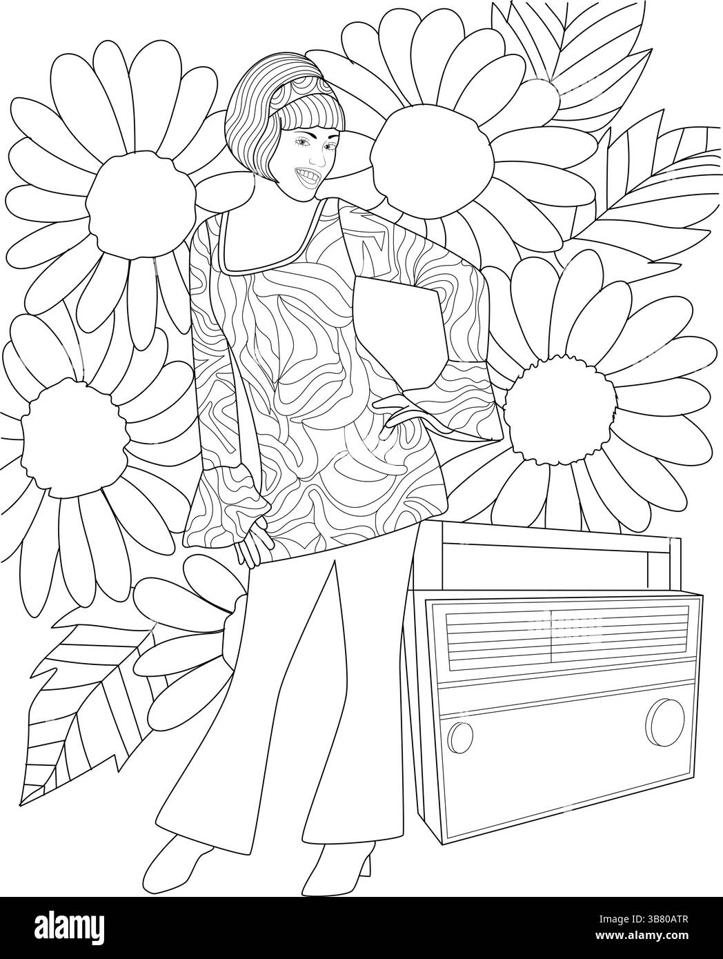 A black and white line drawing for coloring featuring a stylish woman ...
