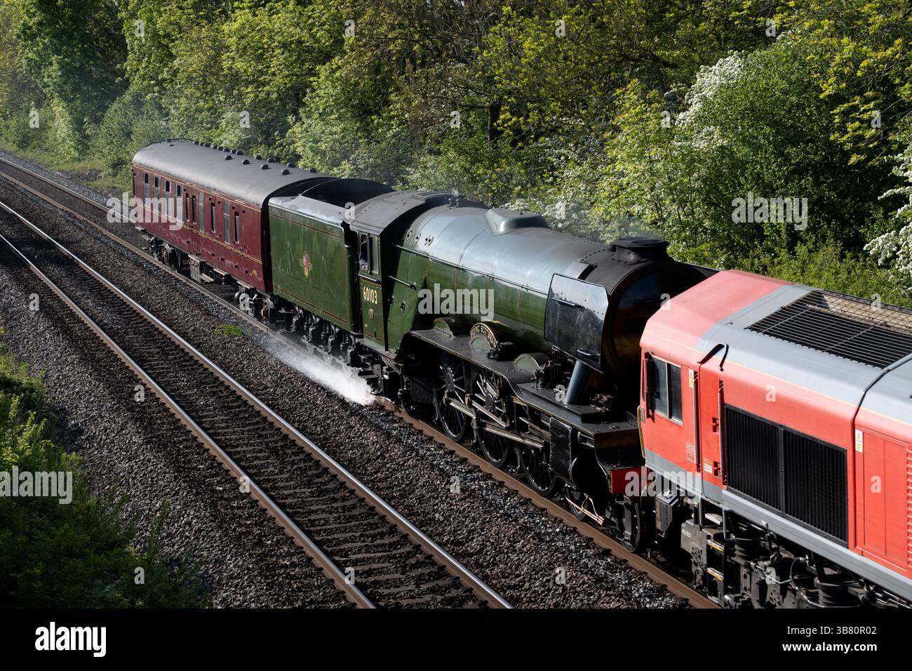 DB class 66 diesel locomotive No. 66117 towing Class A3l locomotive ...