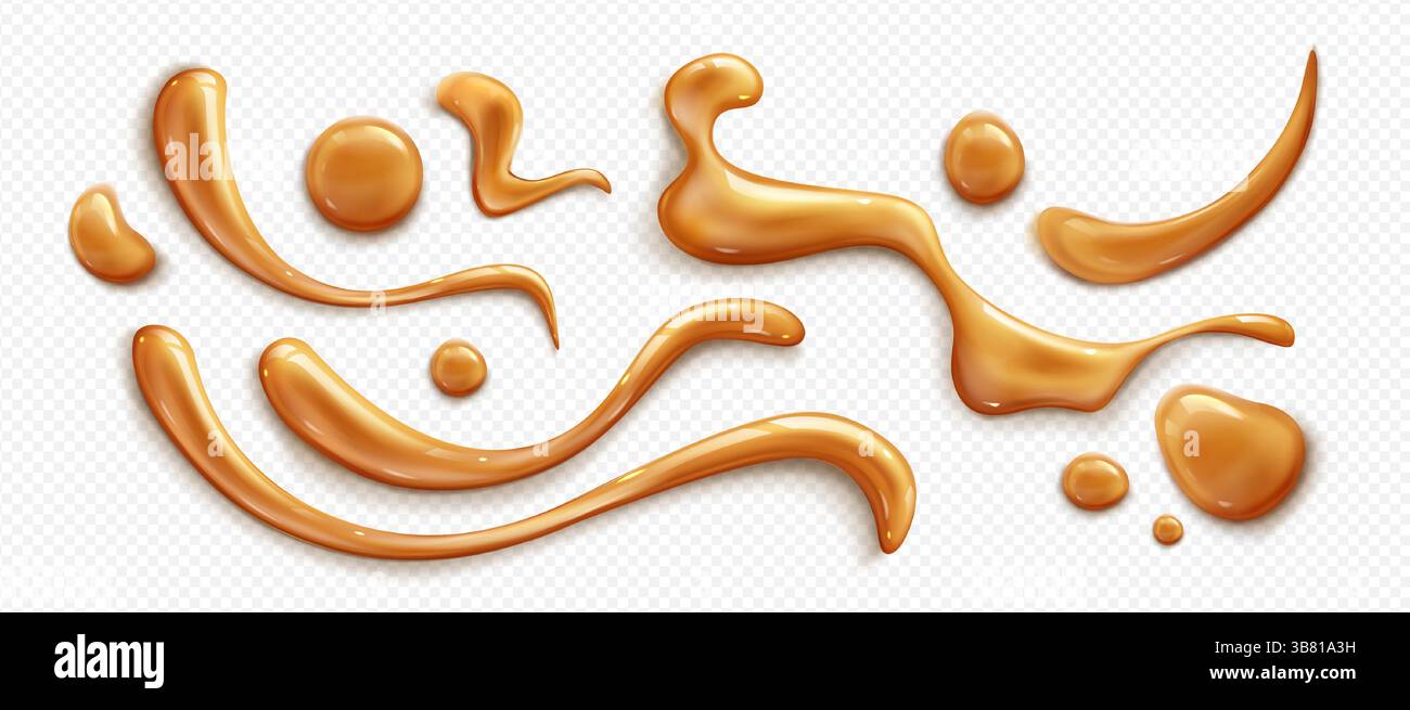 Caramel sauce dribbles and syrup splashes on transparent background ...
