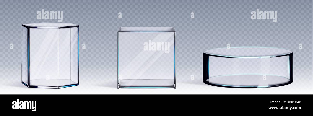 Glass museum display cases - transparent exhibition cubes and cylinders ...