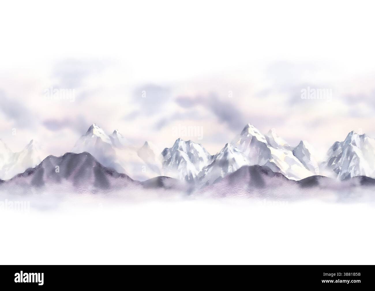 Seamless watercolor horizontal pattern with snowy mountains, fog ...
