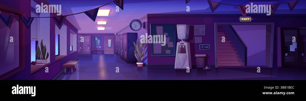 School corridor night view - empty hallway lit by ceiling lamps, exit ...