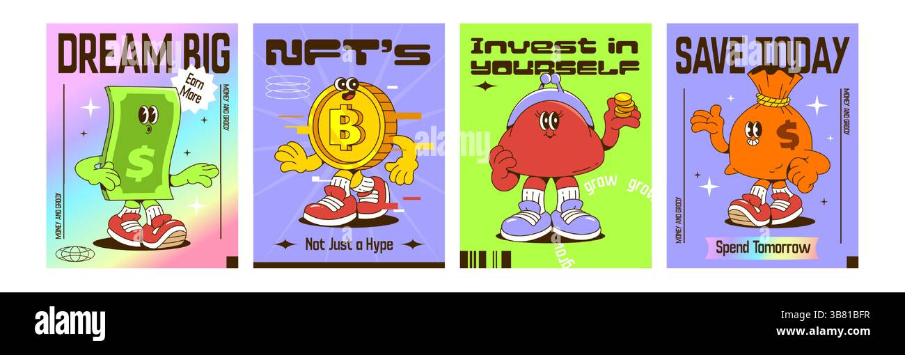 Money retro character poster set with slogans - dollar bill mascot ...