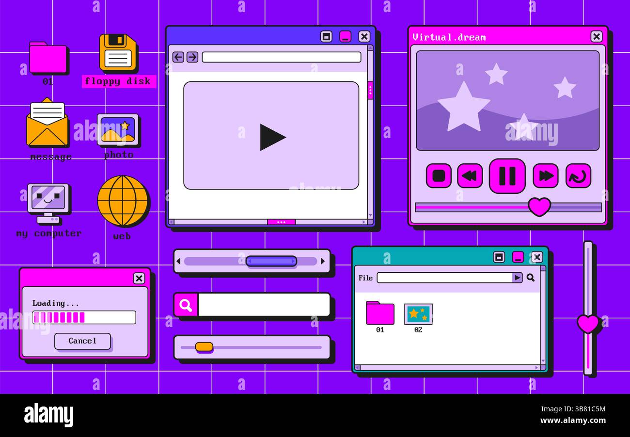 Retro user interface collection - colorful neon graphic elements screen windows, buttons ...