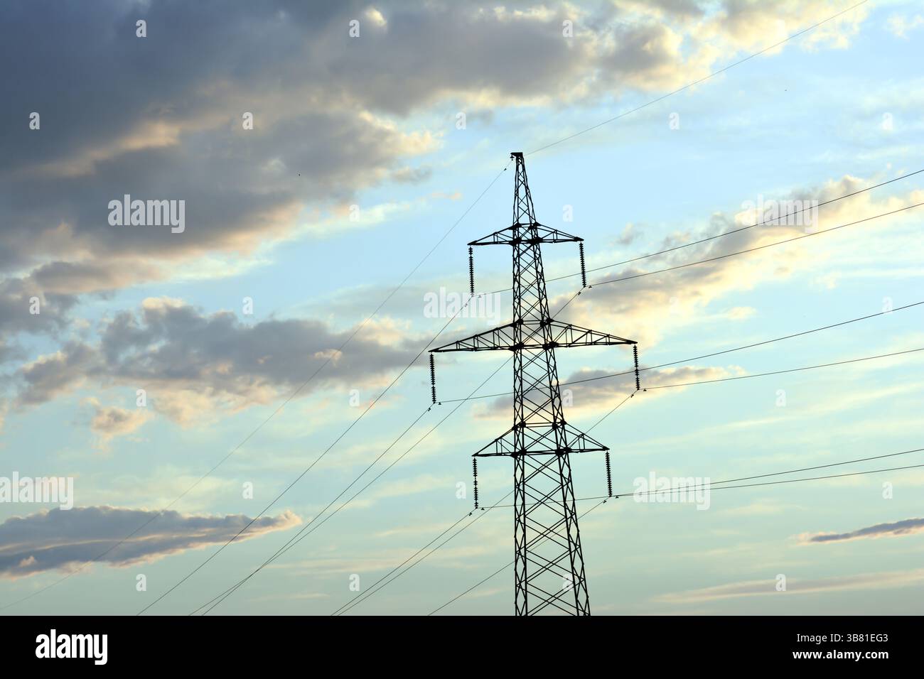 High voltage power lines and electricity transmission. Towers for ...
