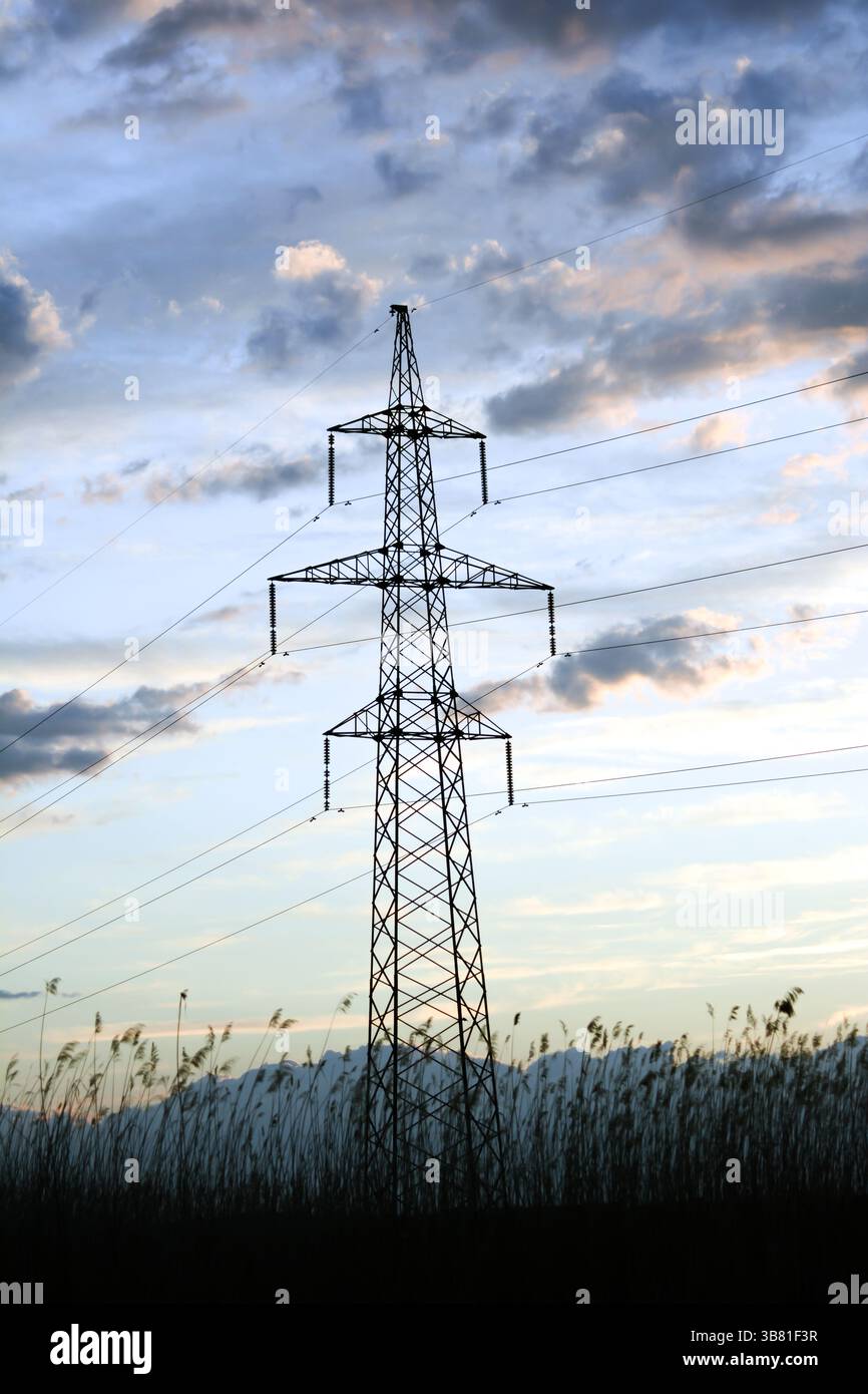 High voltage power lines and electricity transmission. Towers for ...