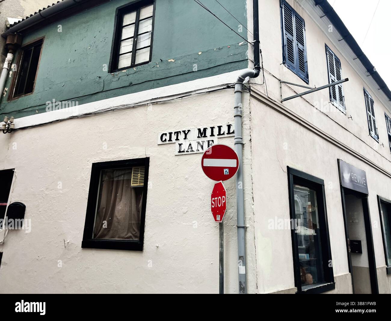 Gibraltar, UK - May 01, 2025: Urban scene depicting City Mill Lane in ...