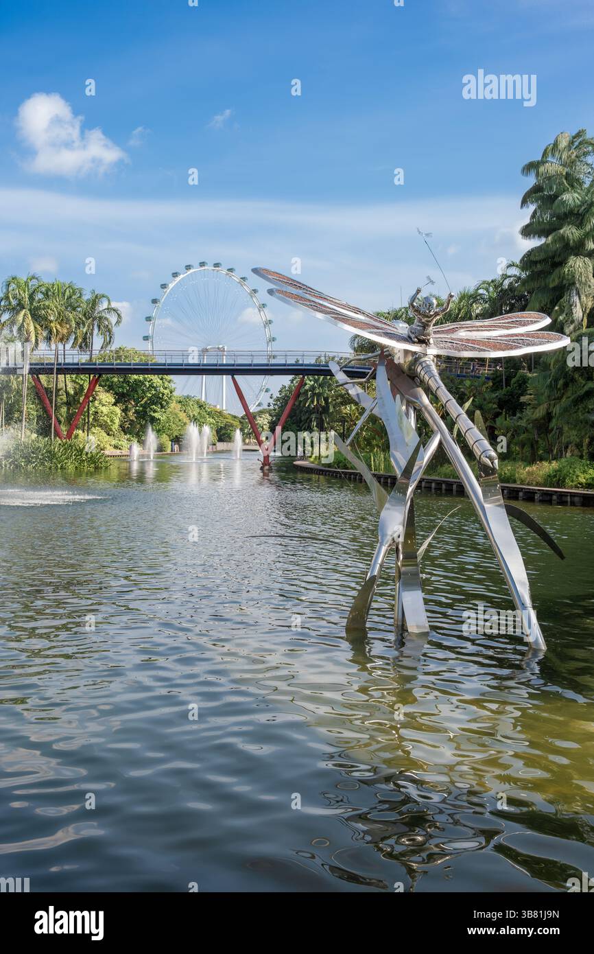 Metallic dragonfly sculpture in Gardens by the Bay, Singapore, with the ...