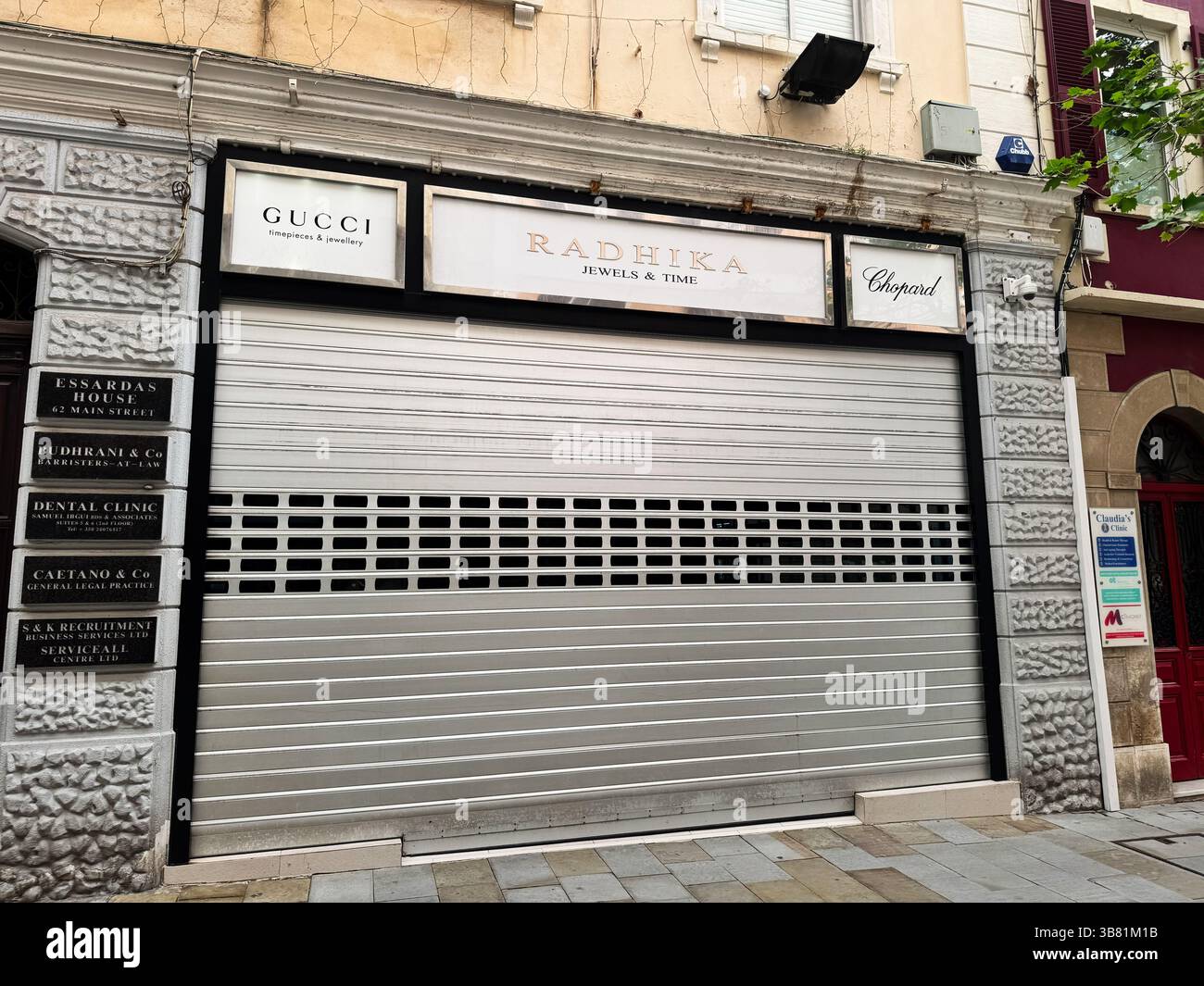 Gibraltar, UK - May 01, 2025: Storefront Radhika shuttered in Gibraltar ...