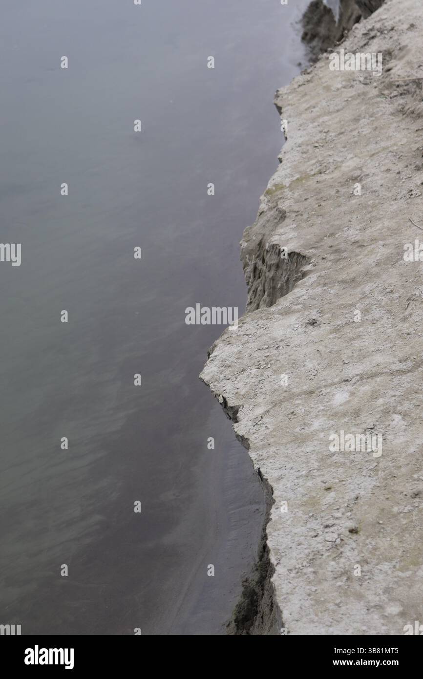 The image captures a stark contrast as a rough-textured grey cliff ...