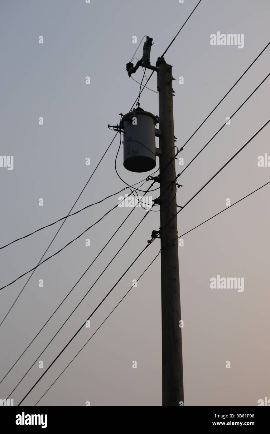 Upward shot captures a tall wooden utility pole in dark silhouette ...