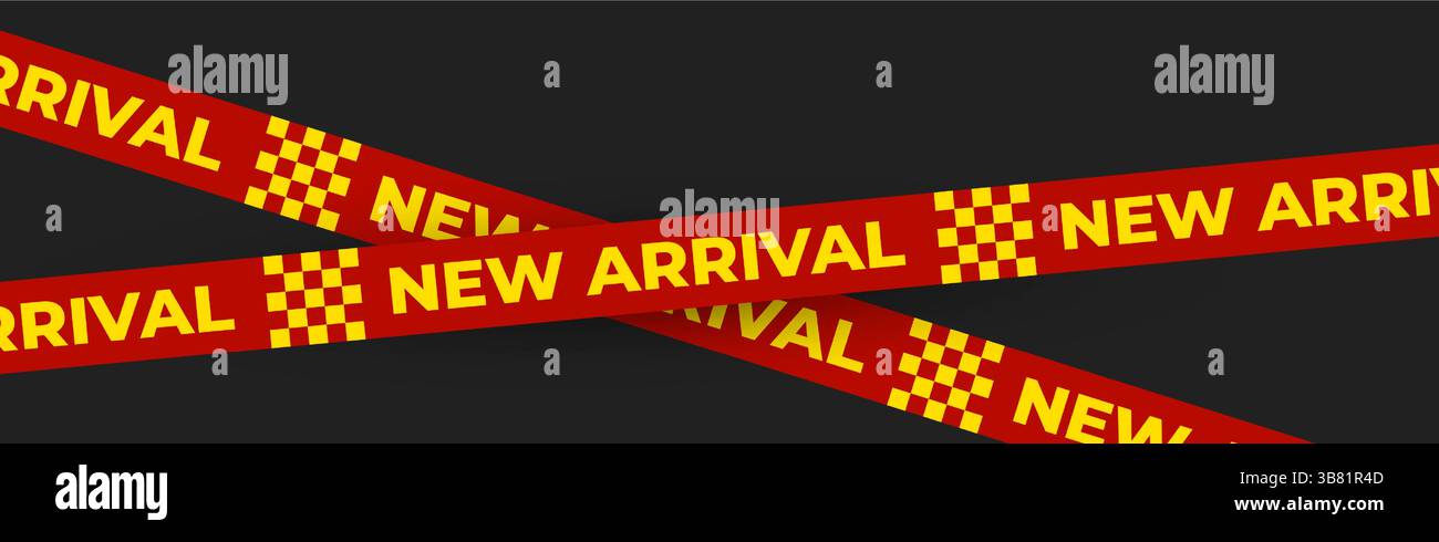 New arrival banner with flame icons on bold red tape. Hot sale ...