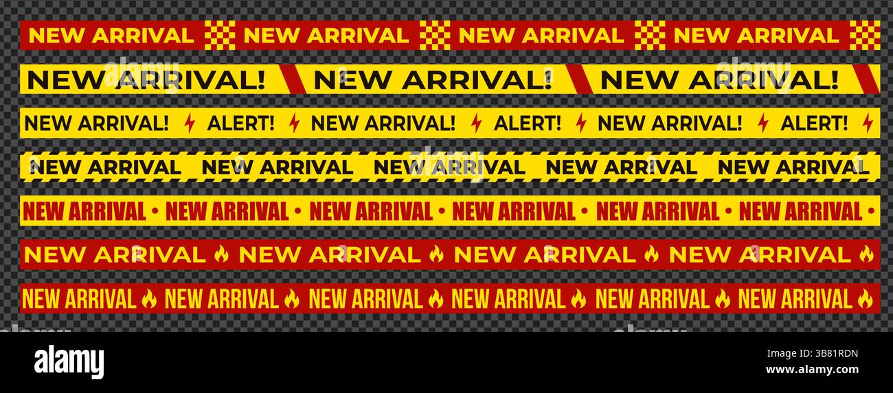 New arrival tape banner collection. Bold promo ribbons with flame ...