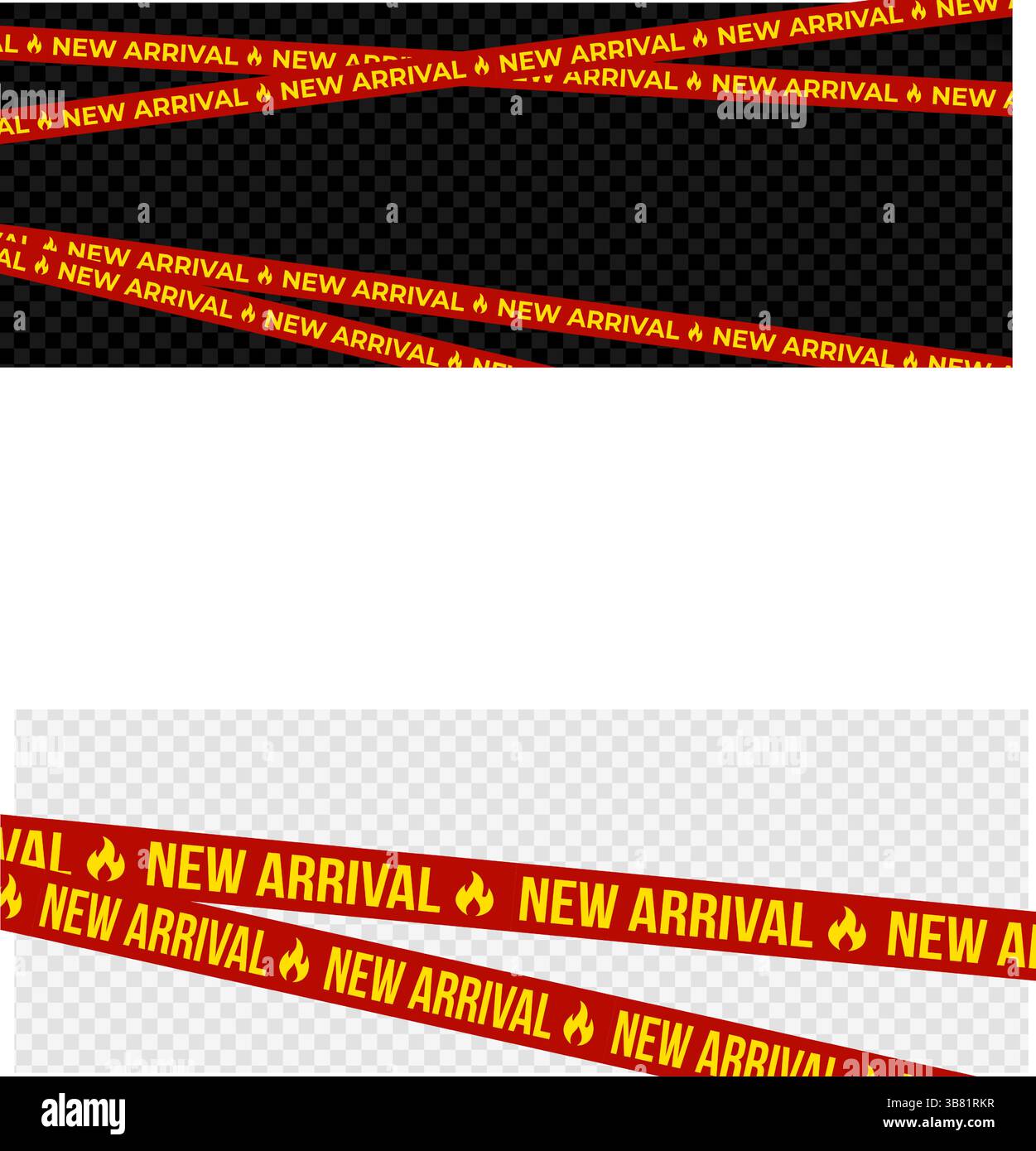 New arrival banner with flame icons and bold red tape on transparent ...