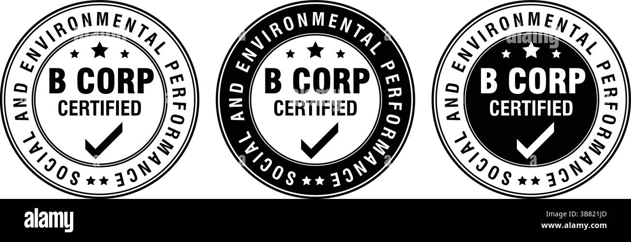 set of round black and white b corp certified labels with checkmark ...