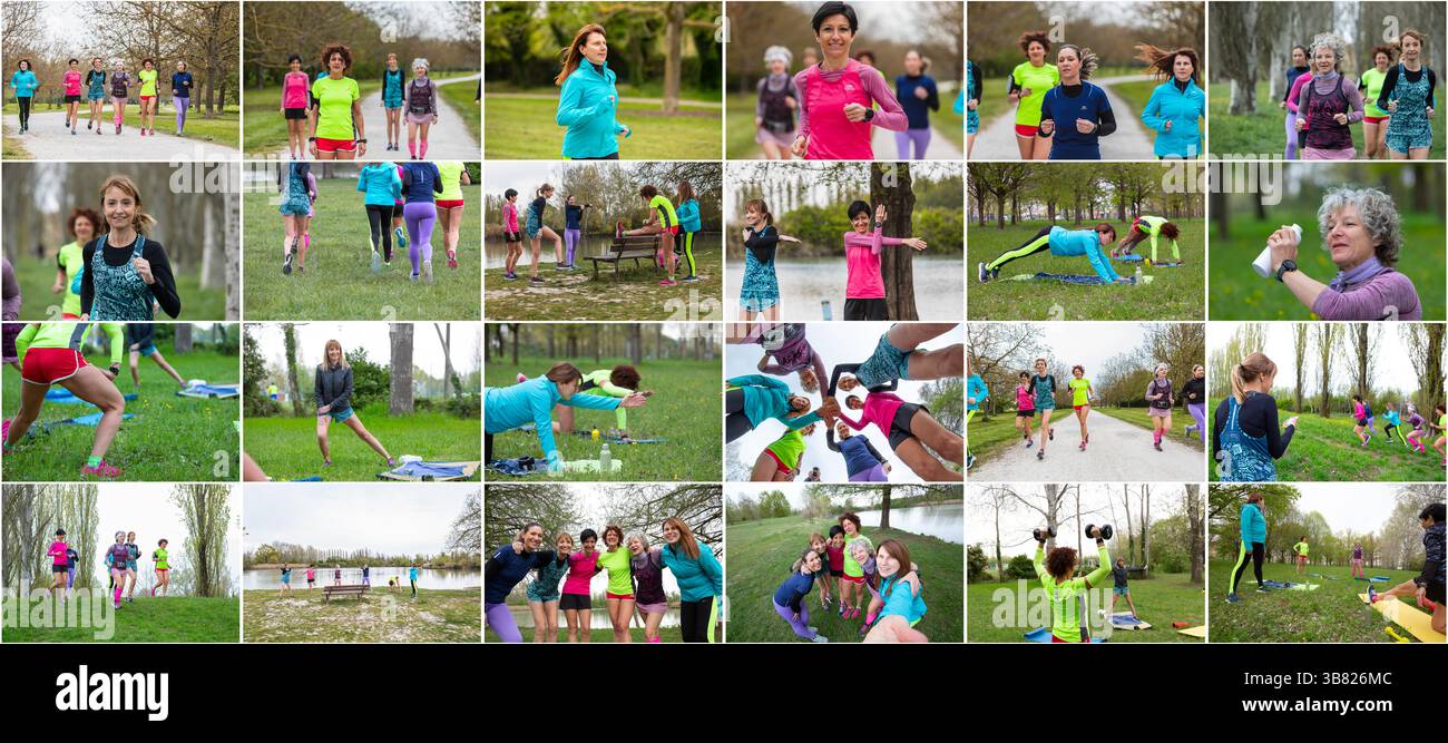 Collage of diverse group of mature women enjoying exercising and ...