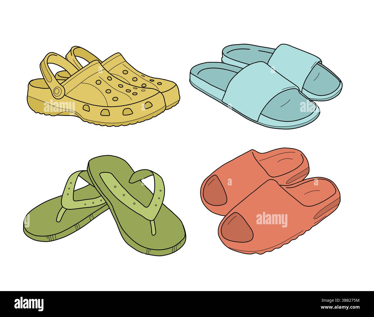 Vector set of colorful summer sandals: flip-flops, slides, crocs, and ...