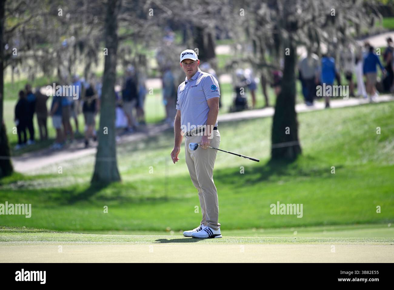 Sepp Straka, of Austria, watches his putt on the seventh green during ...