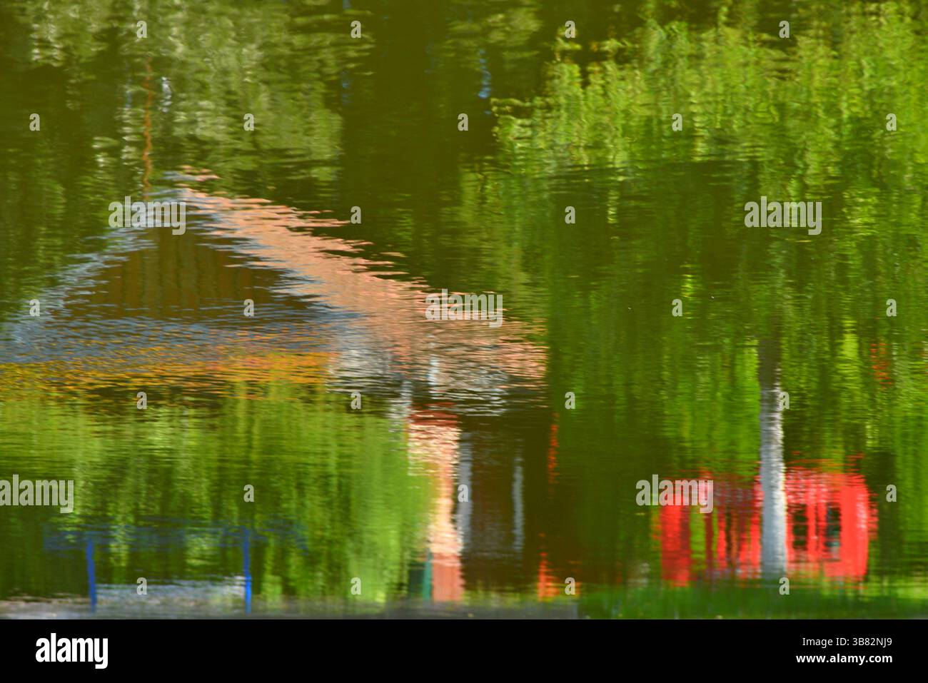 Landscape of house and garden reflected and distorted by the moving ...
